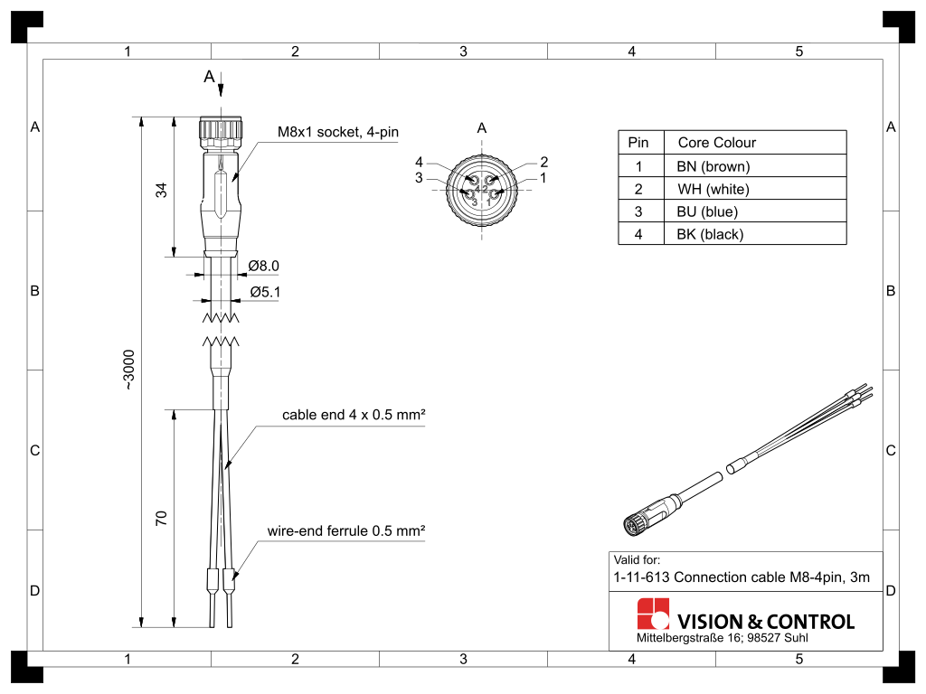 Accessory for Lighting - Cable-M8-4p-5A-straight-3m