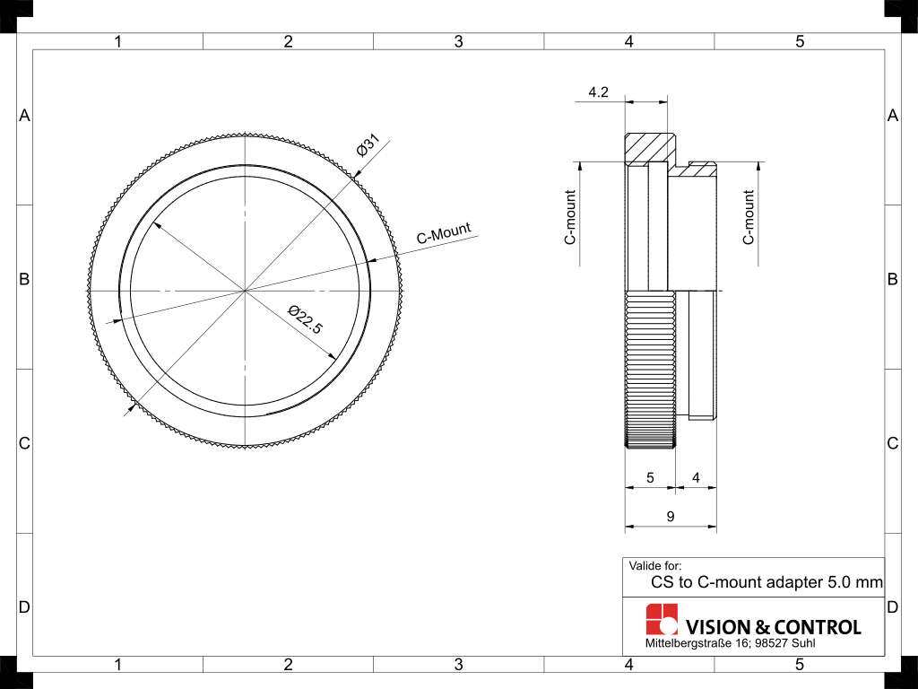 Accessory - CS to C-mount adapter 5.0 mm