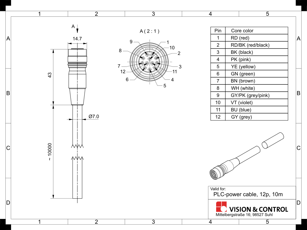 Accessory for Vision Systems - PLC-power cable, 12p, 10m