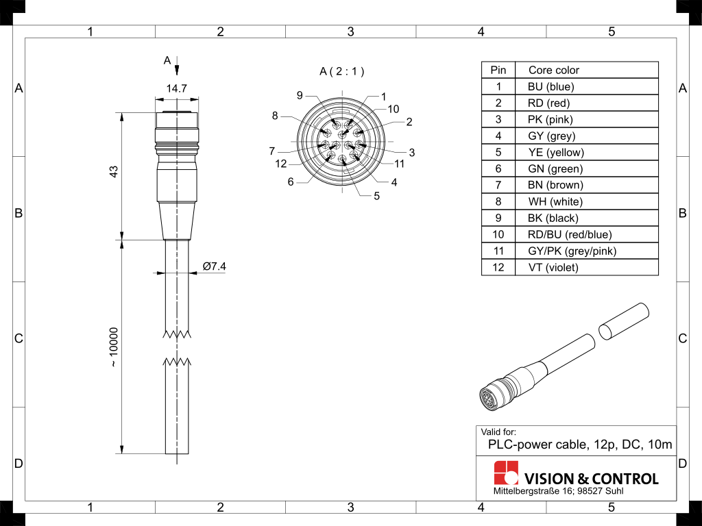 Accessory for Vision Systems - PLC-power cable, 12p, DC, 10m