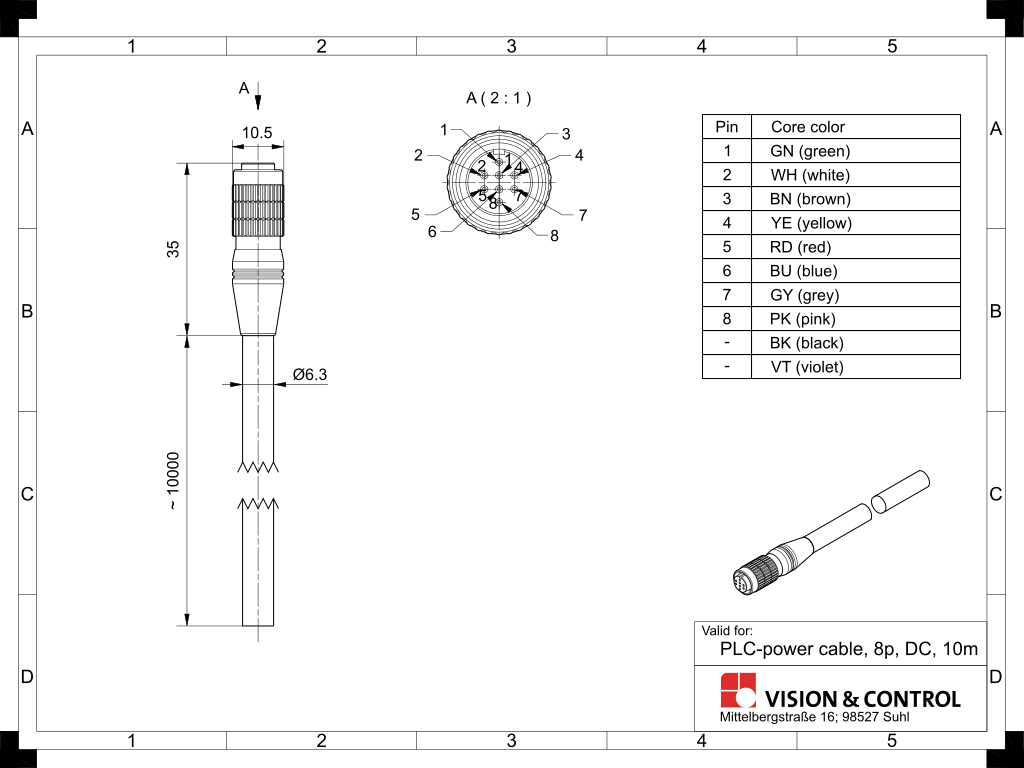 Accessory for Vision Systems - PLC-power cable, 8p, DC, 10m